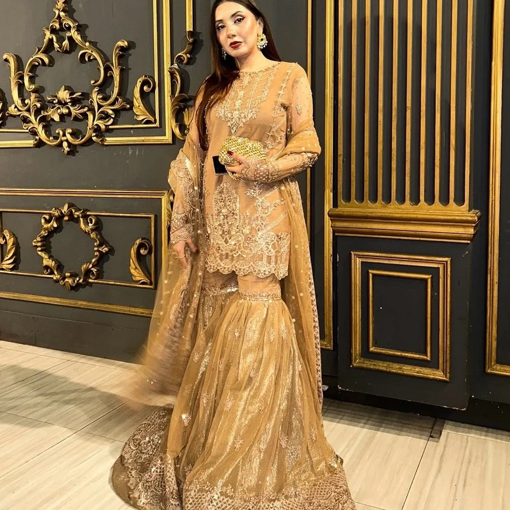 Salwars | Embroidered Gold Bridal Lehenga With Sheer Dupatta | Poshmark